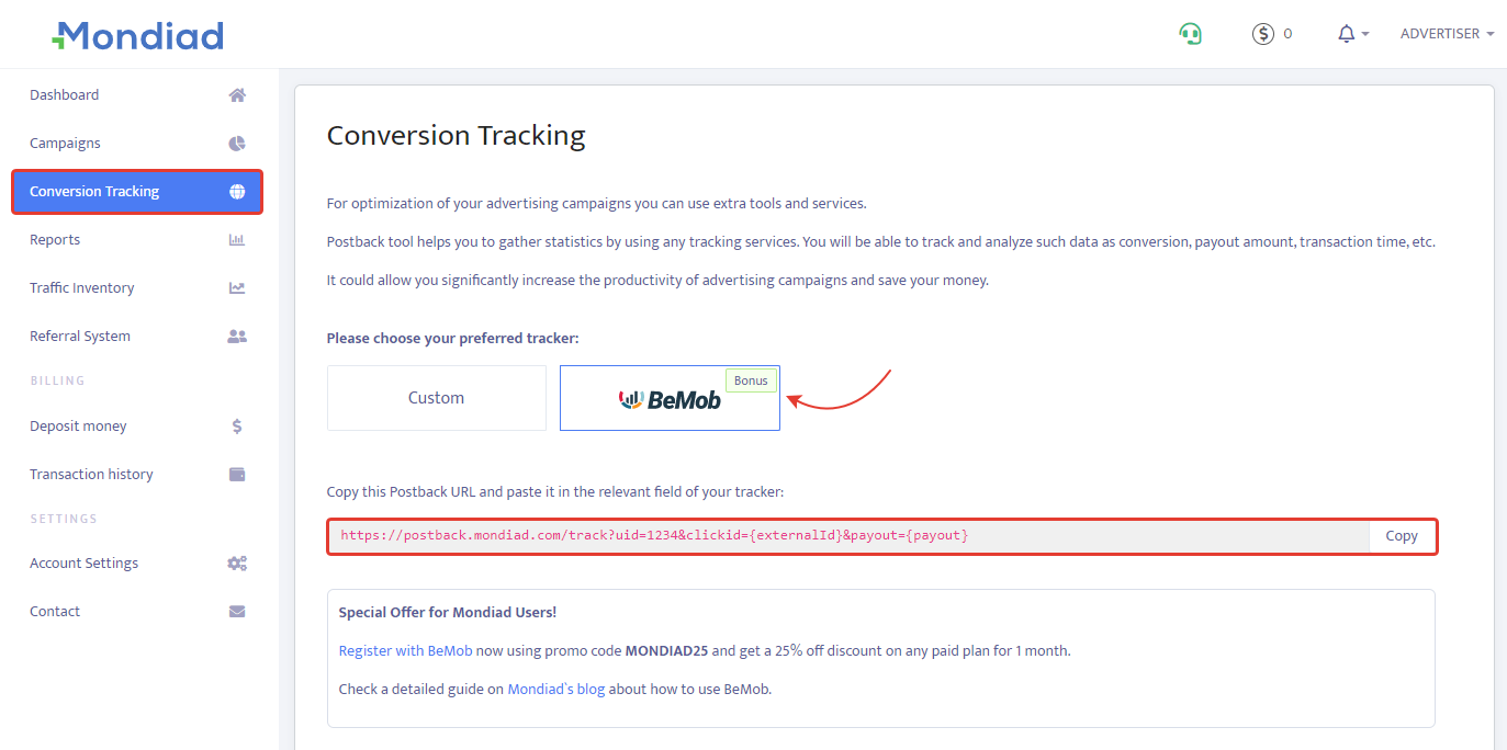 Mondiad Settings | BeMob Help Center