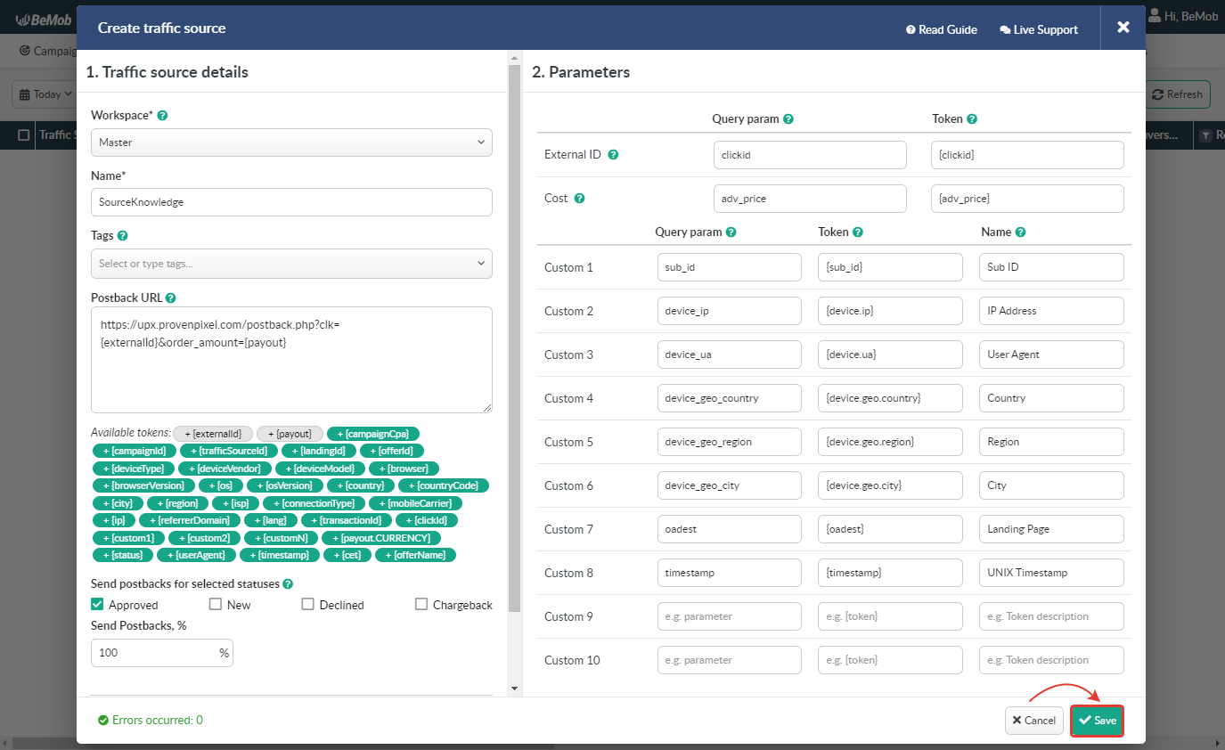 SourceKnowledge Settings | BeMob Help Center