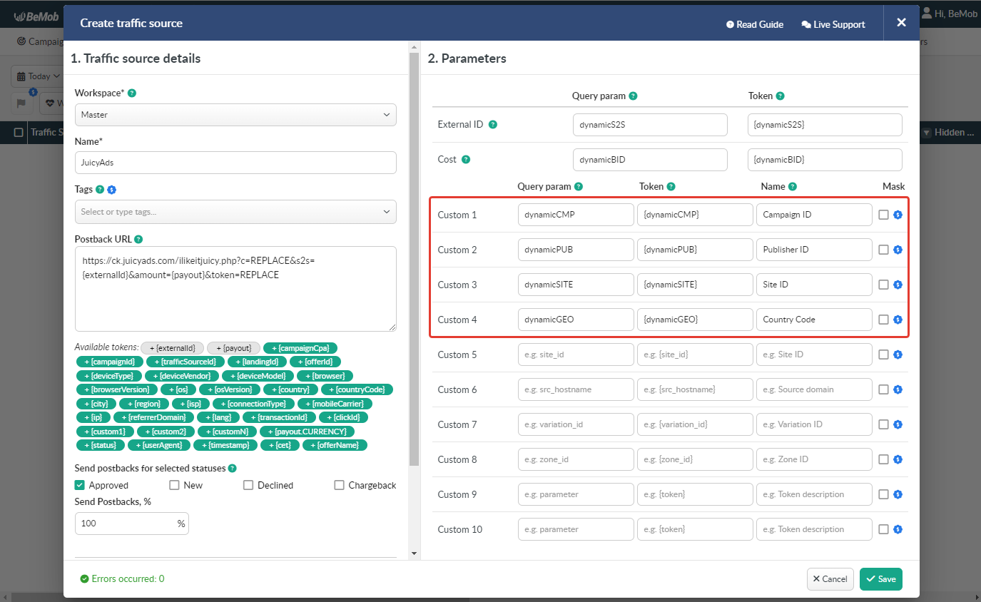 JuicyAds Settings | BeMob Help Center
