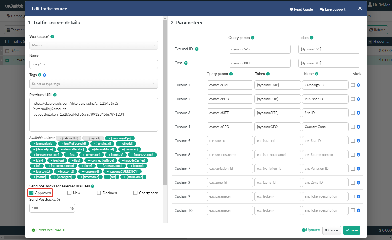 JuicyAds Settings | BeMob Help Center