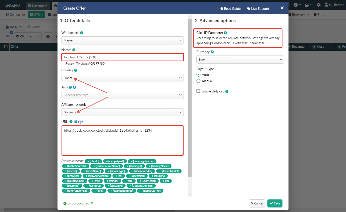 Grantoro Settings | BeMob Help Center