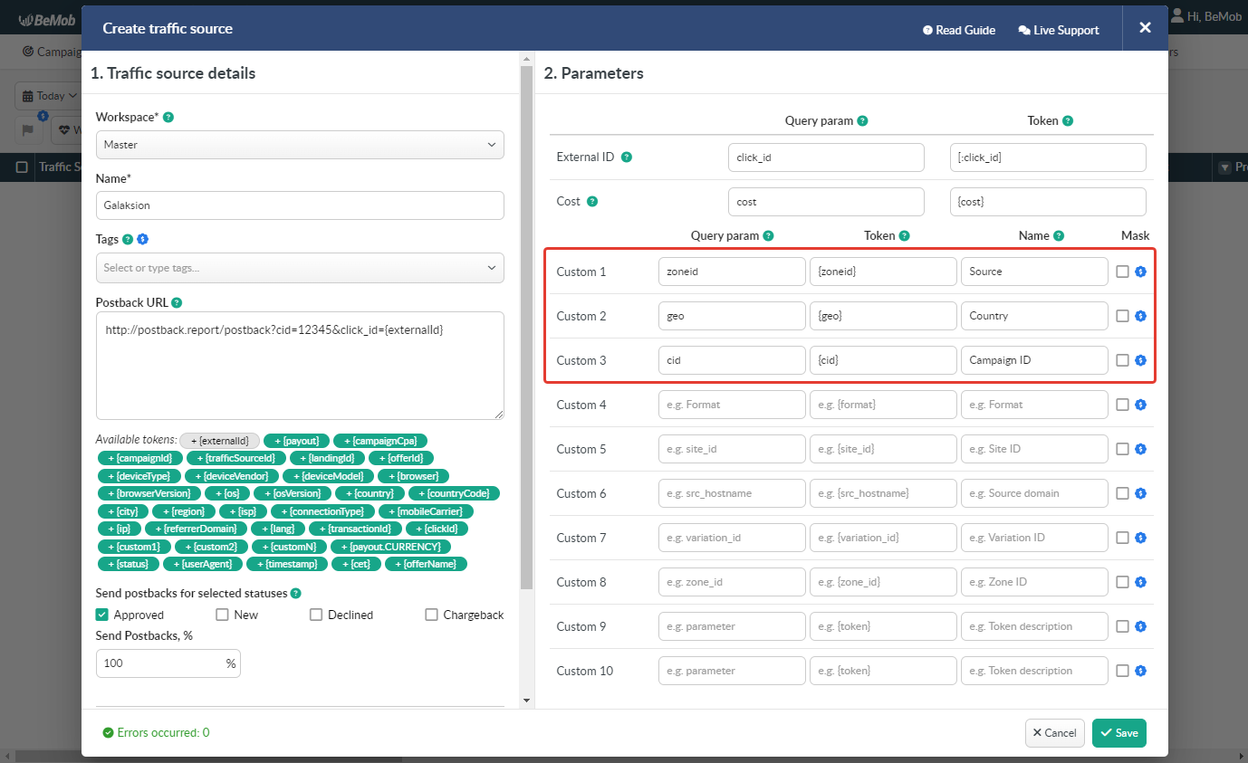 Galaksion Settings | BeMob Help Center