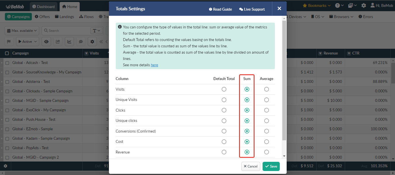 Columns Settings | BeMob Help Center
