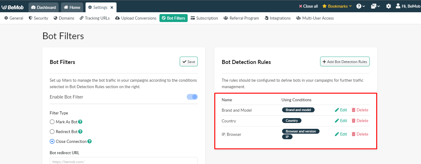 Bot Detection Rules | BeMob Help Center