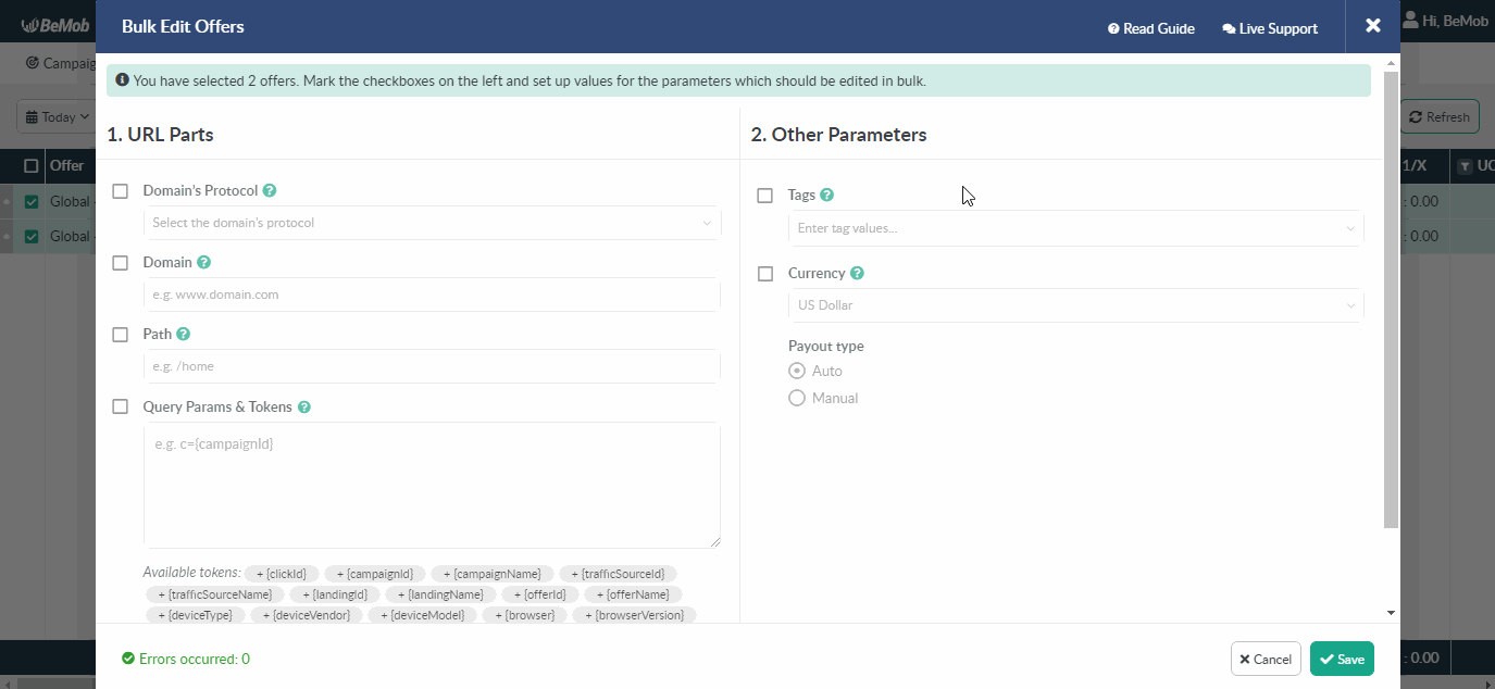 Bulk Edit For Campaigns, Offers, Landing Pages | BeMob Help Center
